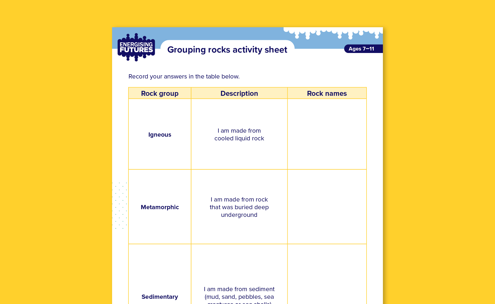 Grouping rocks activity sheet | Energising Futures