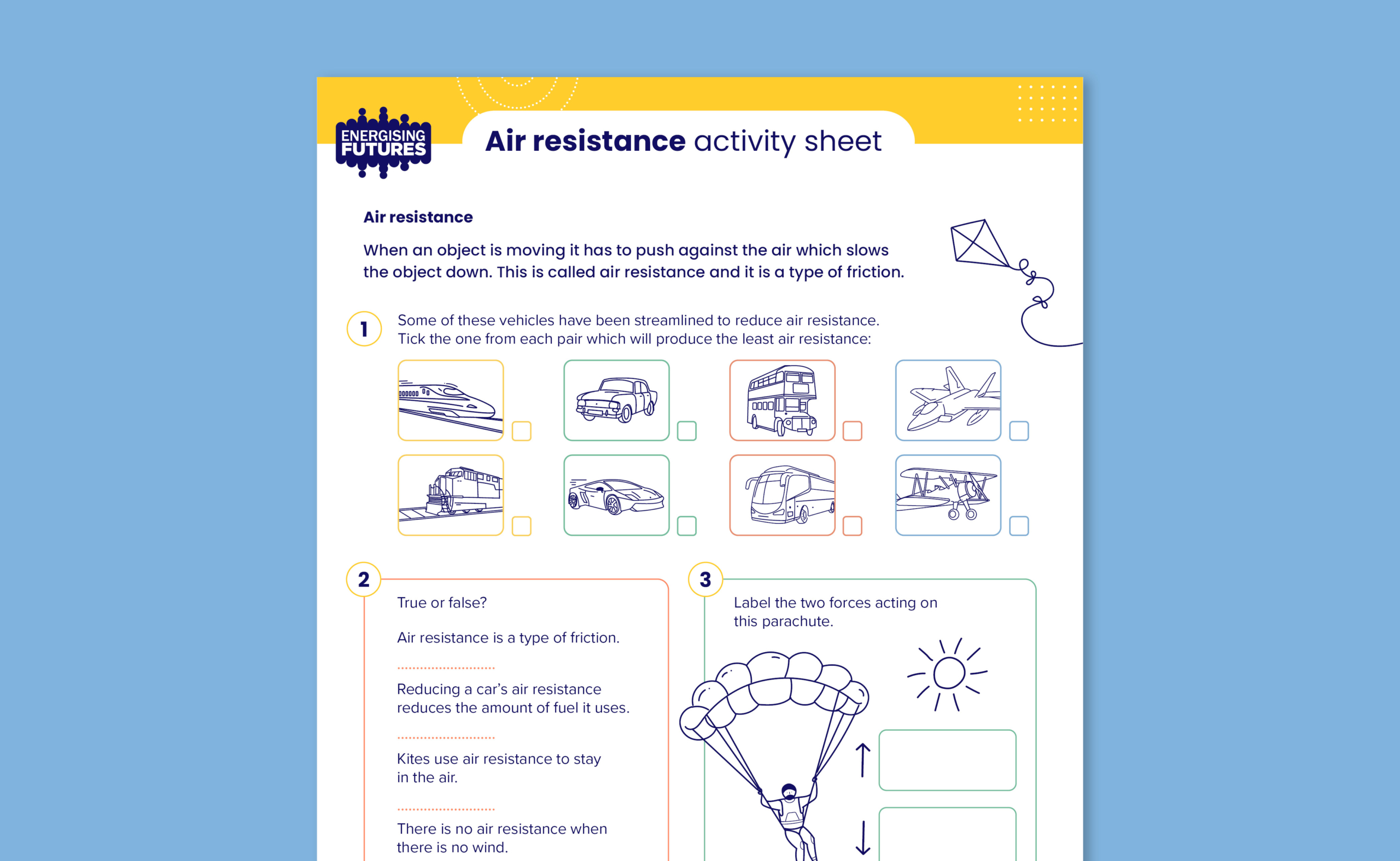 Air resistance activity sheet | Energising Futures